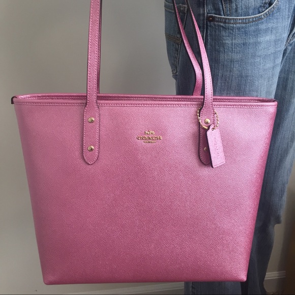 Coach | Bags | Coach Metallic Pink Leather Tote New | Poshmark